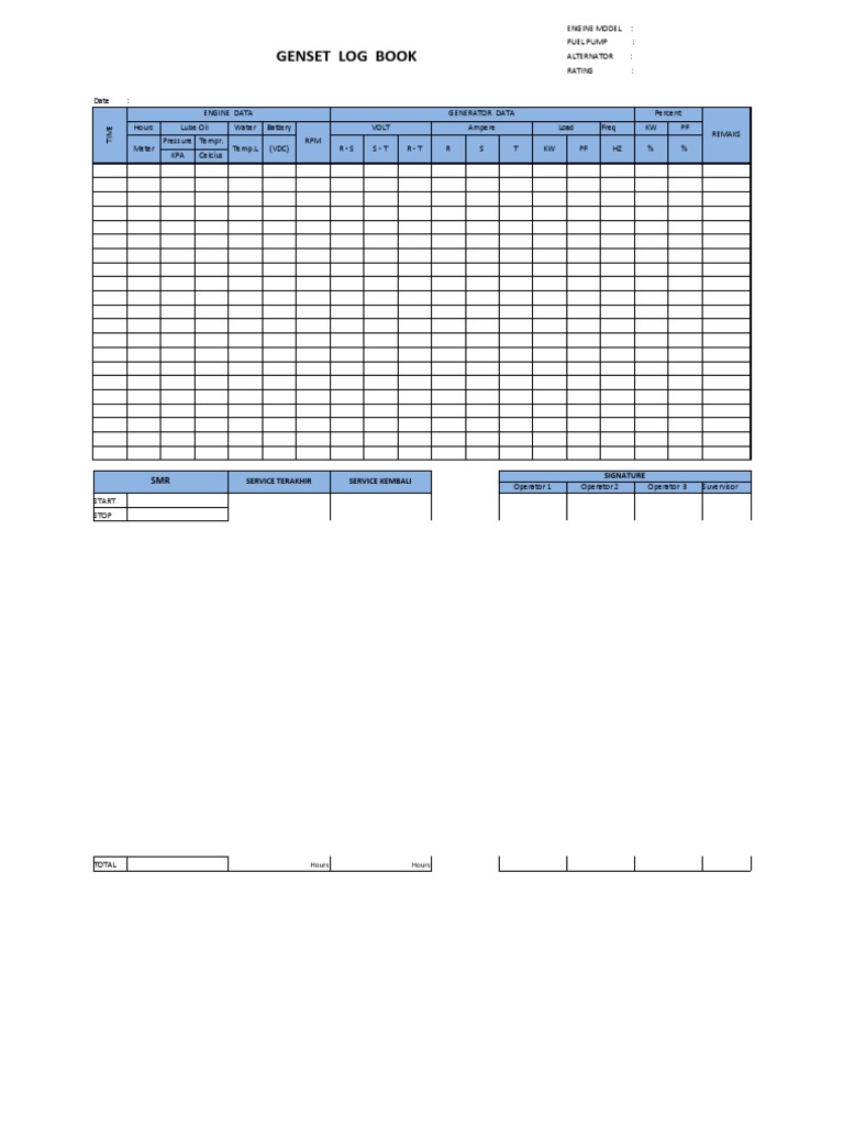 Genset Log Book: Service Terakhir Service Kembali Signature | PDF ...