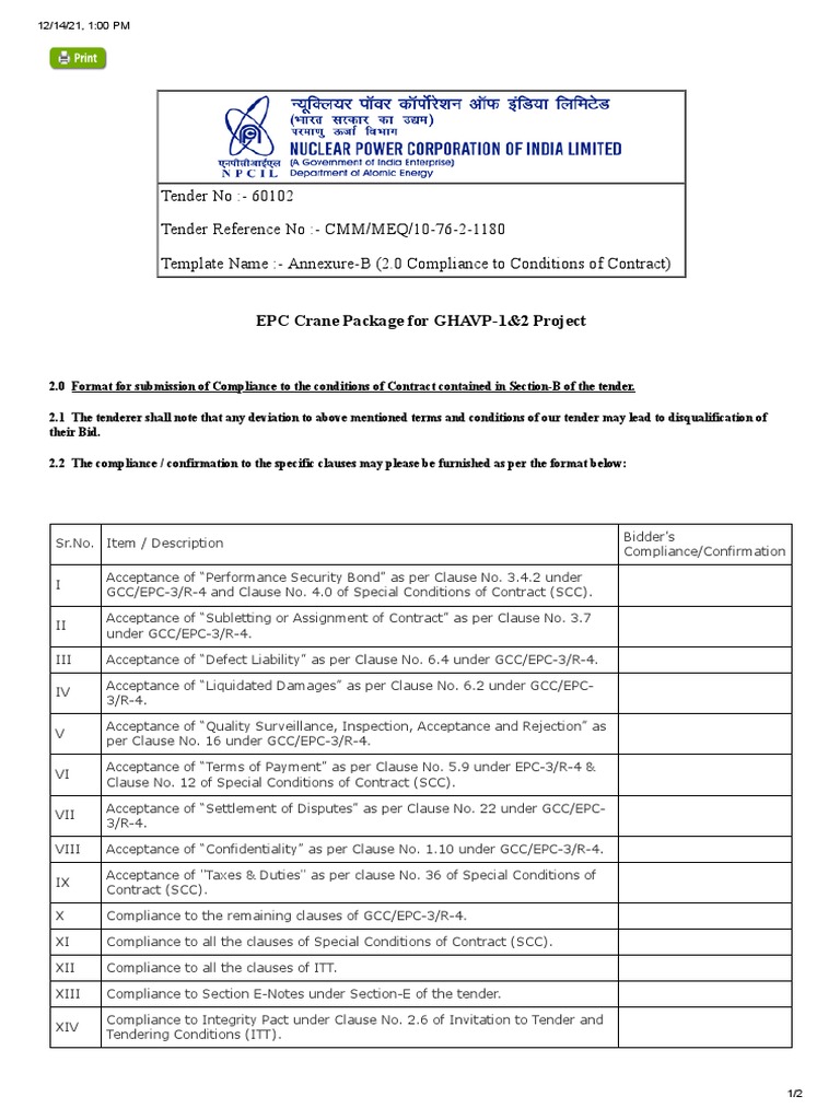 Annexure-B (2.0 Compliance To Conditions of Contract) | PDF ...