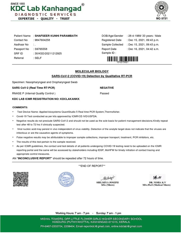 COVID-19 RT-PCR Test Result Report | PDF | Science & Mathematics