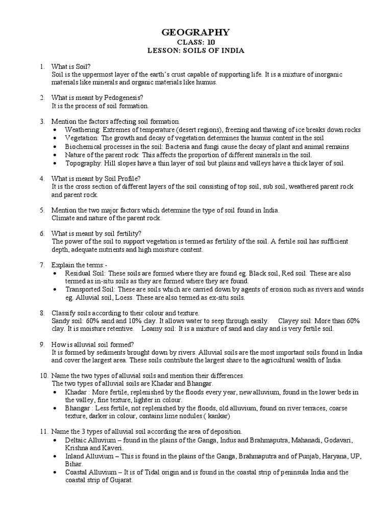 Geography: CLASS: 10 Lesson: Soils of India | PDF | Soil | Erosion