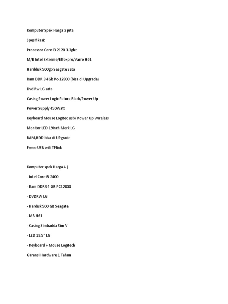 Daftar Harga Dan Spek Komputer | PDF