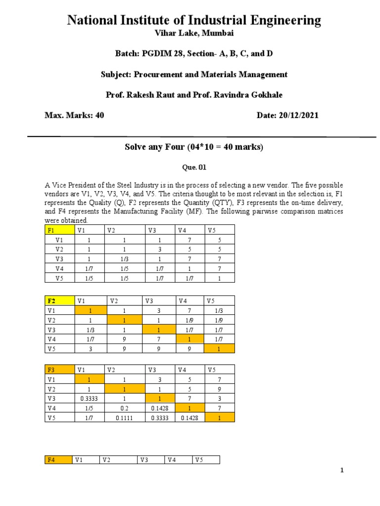Procurement and Materials Management - Question Paper For IM - 2021 ...