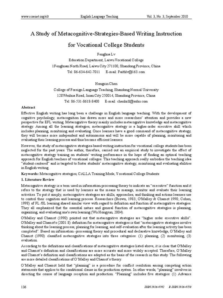 A Study of Metacognitive-Strategies-Based Writing Instruction For ...