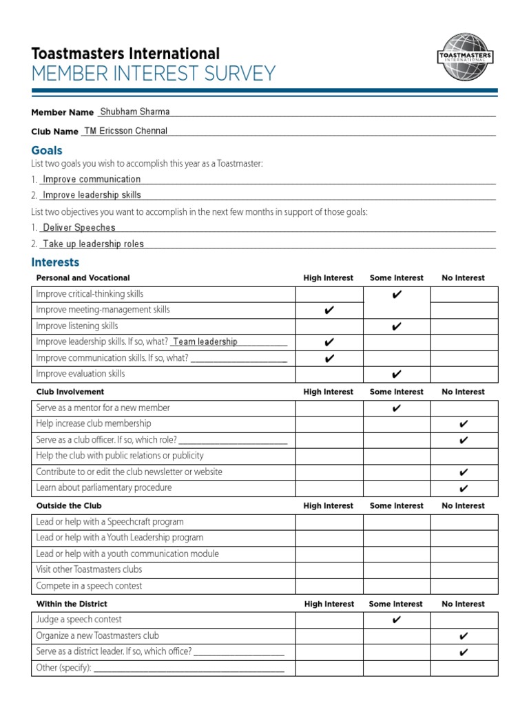 Member Interest Survey: Toastmasters International | PDF | Leadership ...