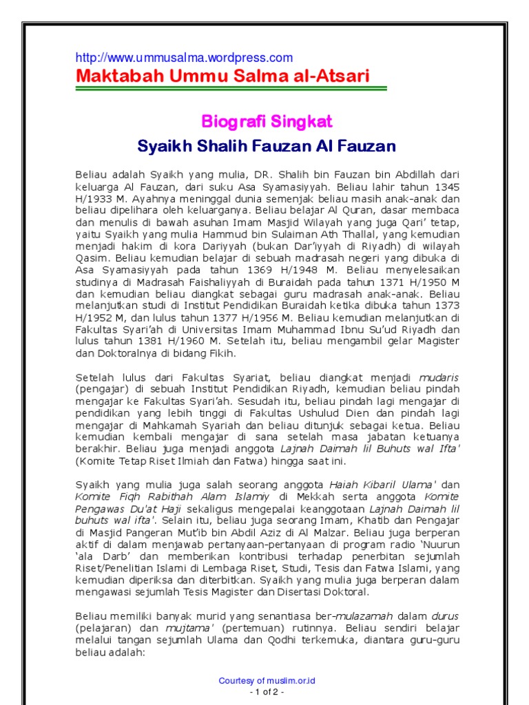 Biografi Singkat Syaikh Shalih Fauzan Al Fauzan | PDF
