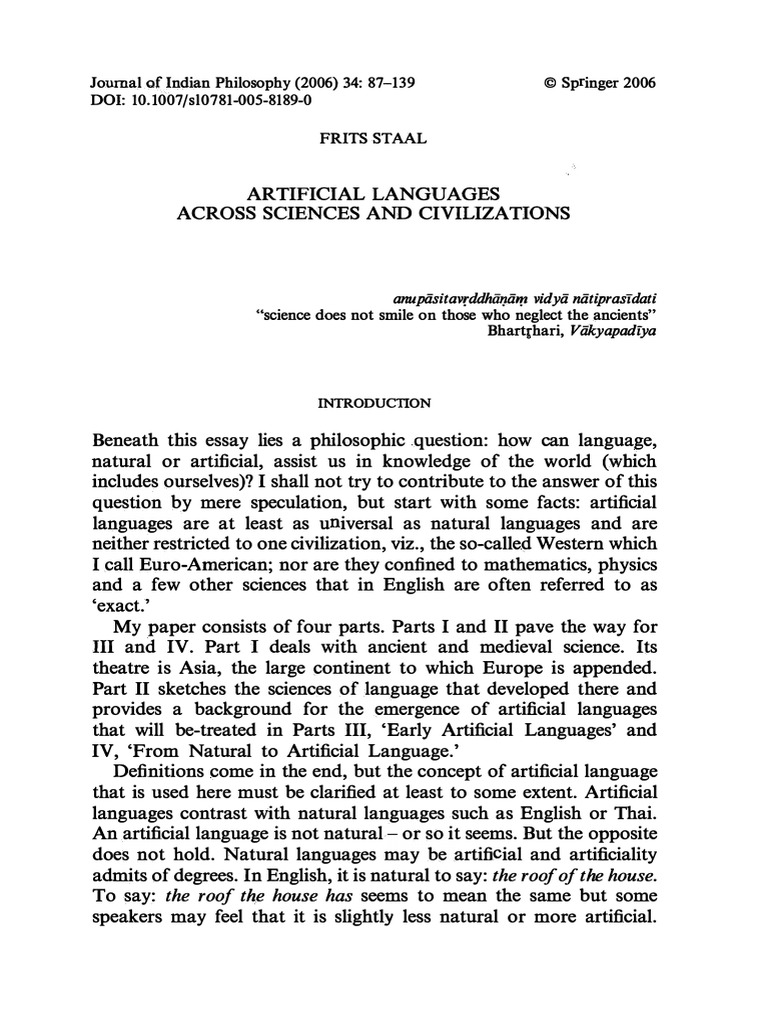 Staal Frits 2006 Artificial Languages Across Sciences and Civilizations ...