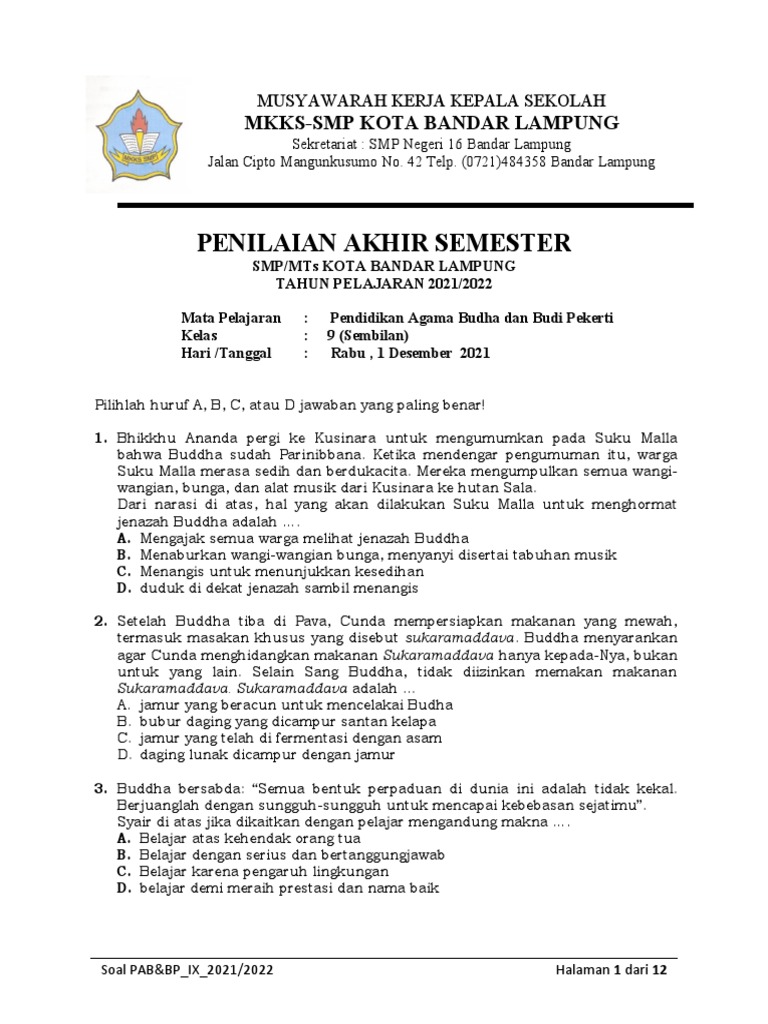 Soal Pend. Agama Budha Kelas 9 | PDF | Agama & Spiritualitas