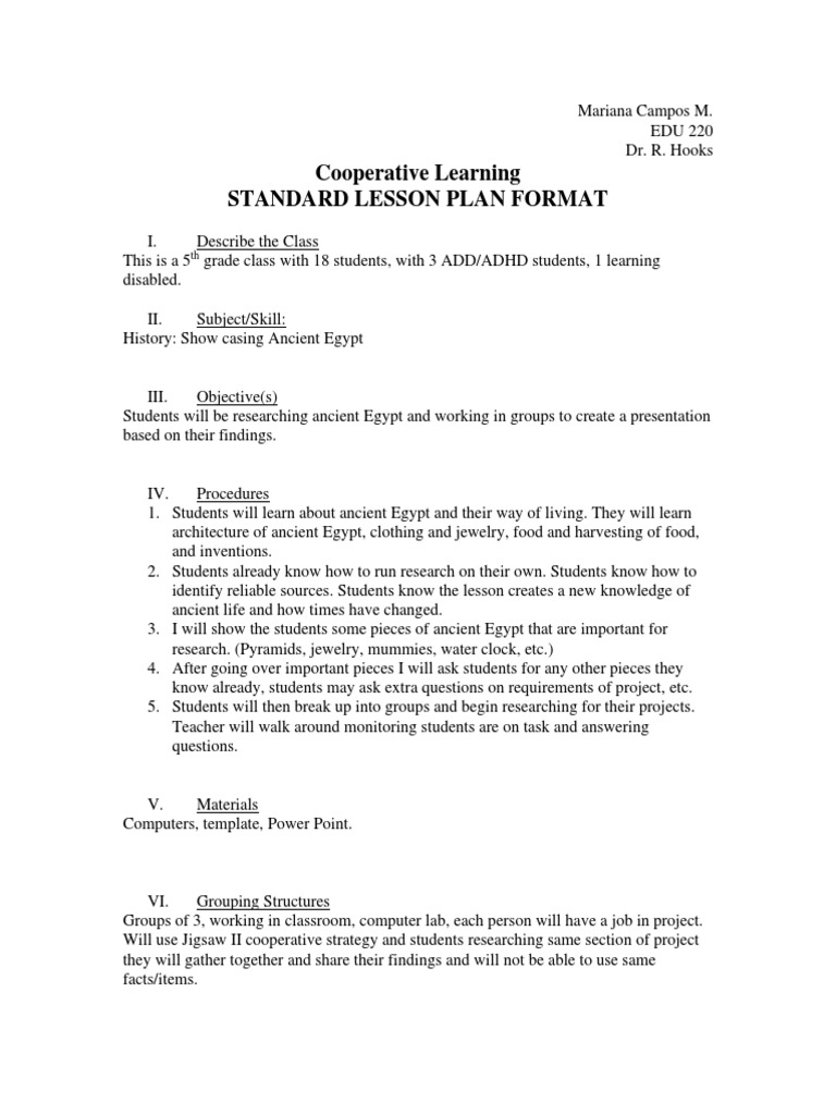 Cooperative Learning Standard Lesson Plan Format | PDF | Lesson Plan ...