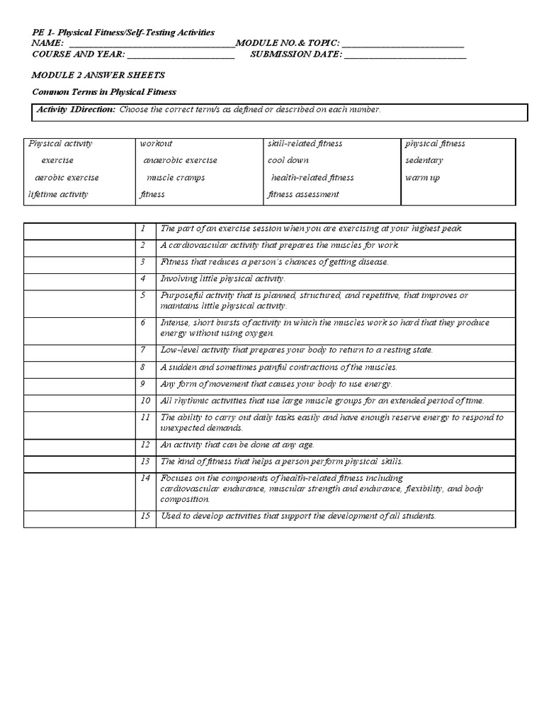 Module 2 Answer Sheets | PDF | Physical Fitness | Muscle
