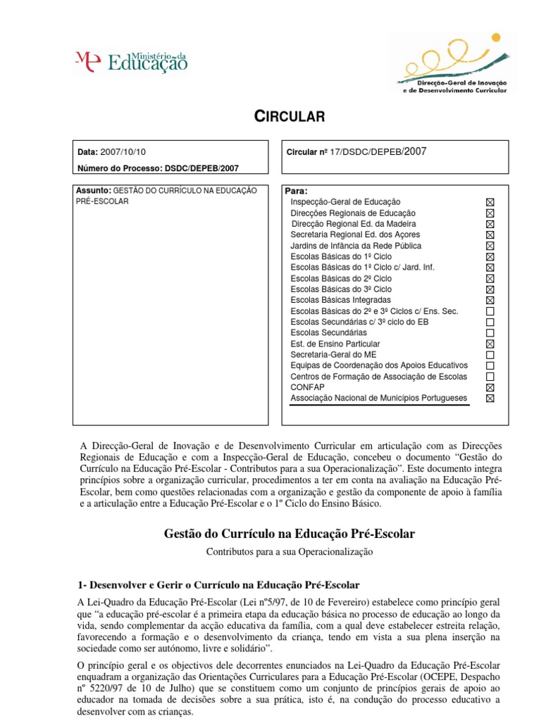 Circular 17 DSDC Depeb.2007 10.out | PDF | Pré-escola | Família