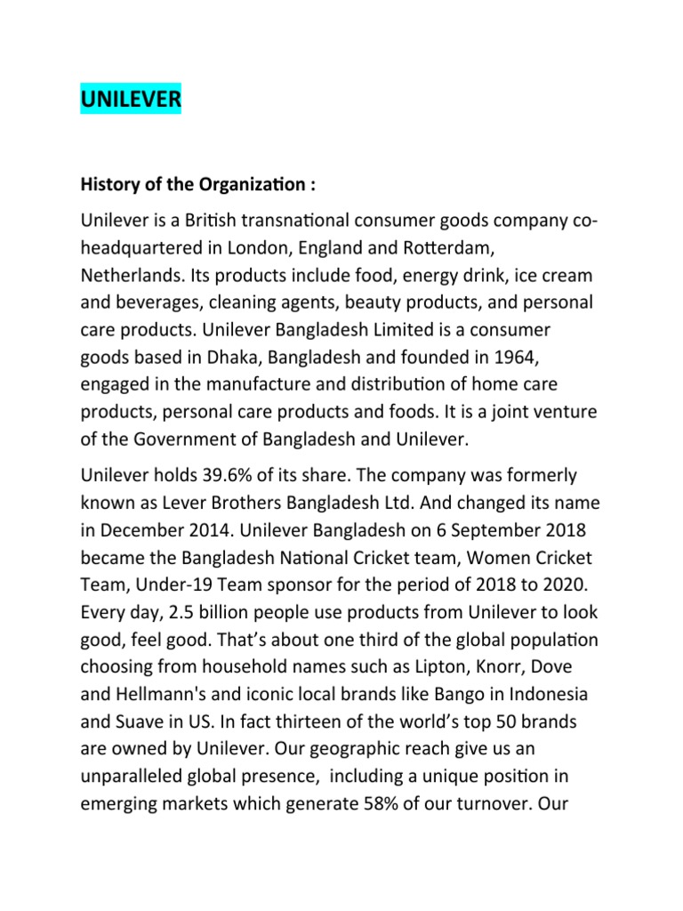 Unilever: History of The Organization | PDF | Unilever