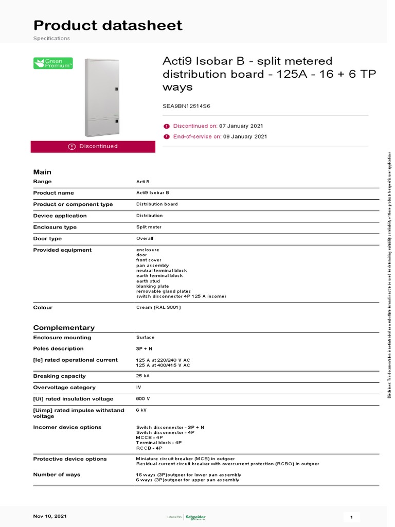 125A 16+6 Way Split Metered Distribution Board Datasheet ...