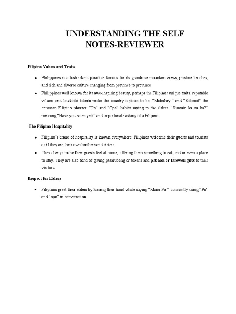 Understanding The Self Notes-Reviewer: Filipino Values and Traits | PDF