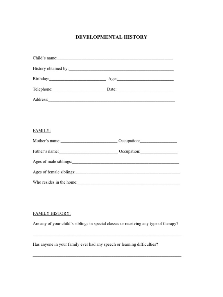 Developmental History Form 2016 | PDF | Childbirth | Medical Specialties