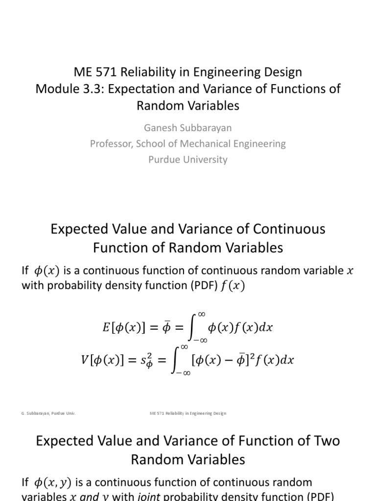 ME 571 Reliability in Engineering Design Module 3.3: Expectation and ...