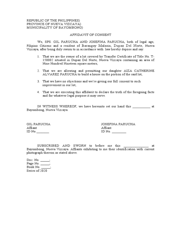 Philippines Affidavit Consent Build House Lot | PDF
