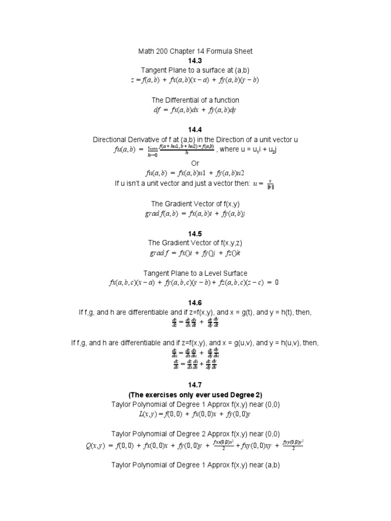 Math 200 Chapter 14 Formula Sheet 1 Pdf Derivative Mathematical