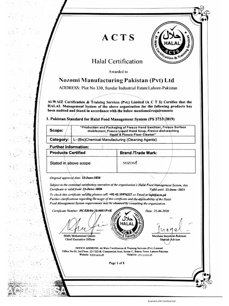 Sanitizer Halal Certificate | PDF