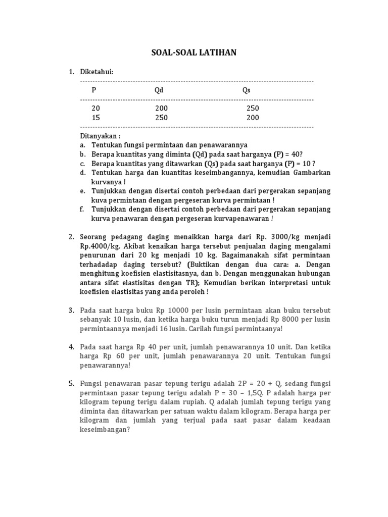 Soal Latihan Fungsi Permintaan dan Penawaran | PDF