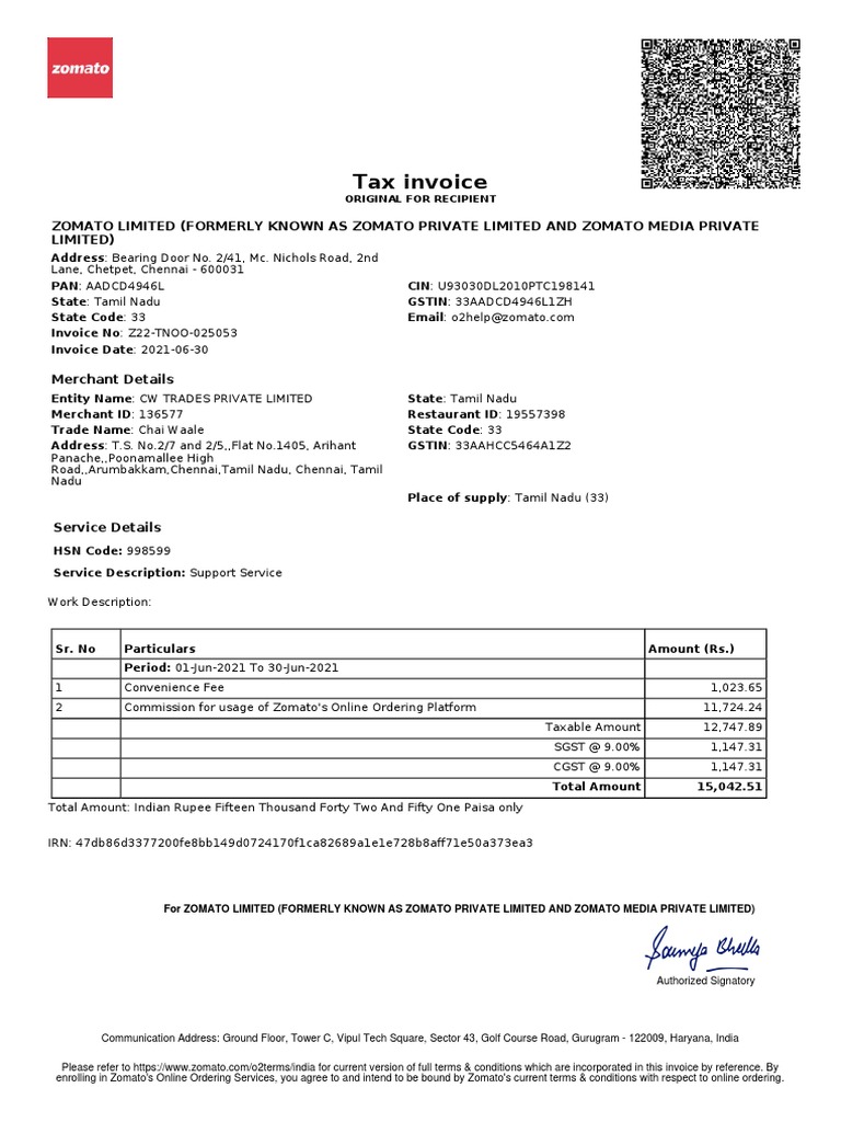 Tax Invoice: Zomato Limited (Formerly Known As Zomato Private Limited ...
