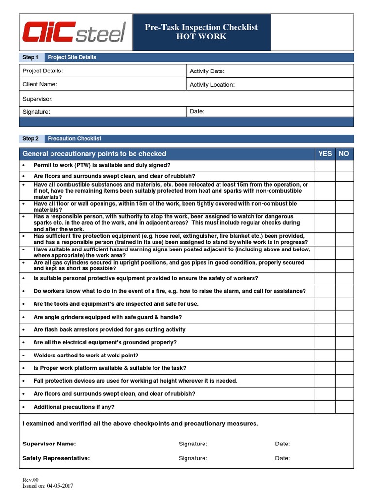 Pre-Task Inspection Checklist Hot Work: General Precautionary Points To ...