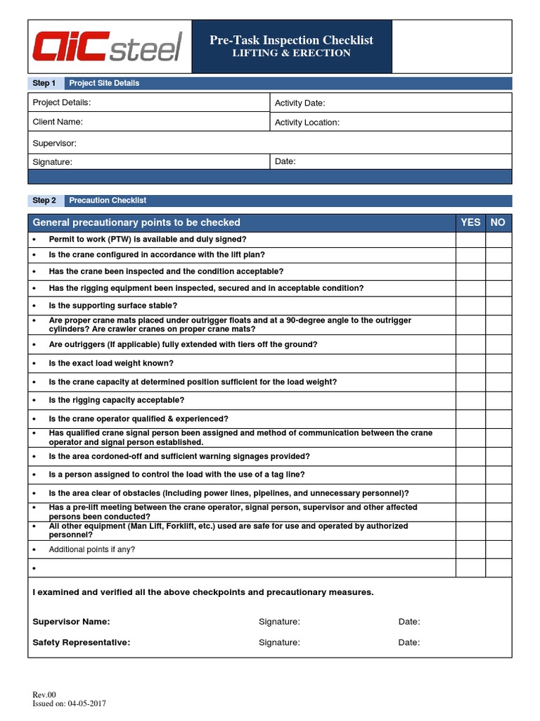 Lifting & Erection Work Checklist | PDF