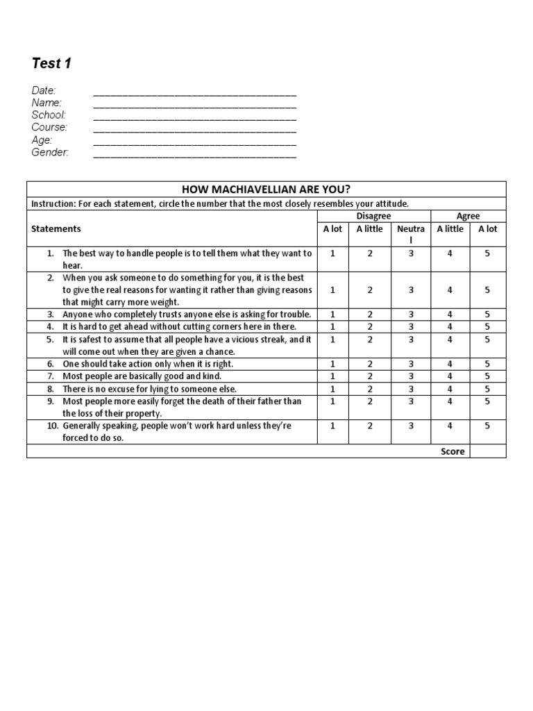 Test 1: How Machiavellian Are You? | Download Free PDF | Gender ...