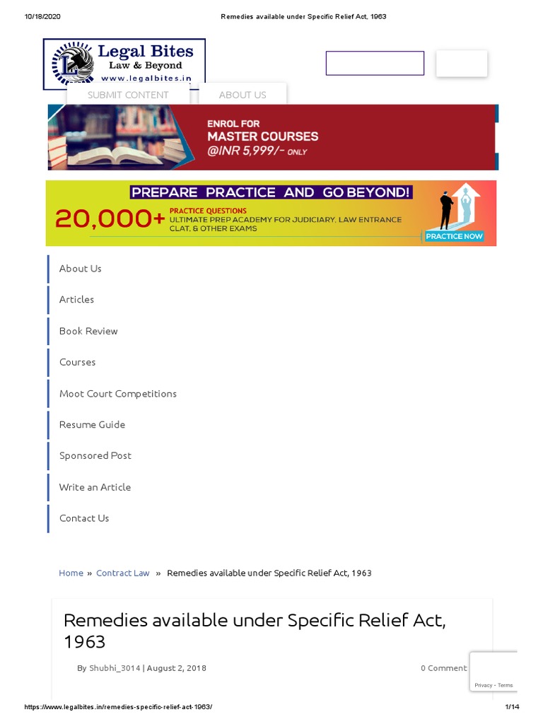 Remedies Available Under Specific Relief Act, 1963 | PDF | Legal Remedy | Injunction