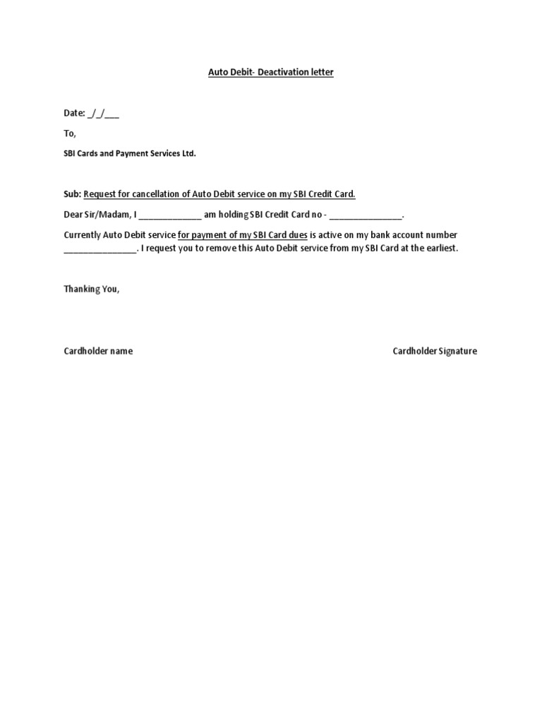 Auto Debit Cancellation Request Letter | PDF | Finance & Money Management