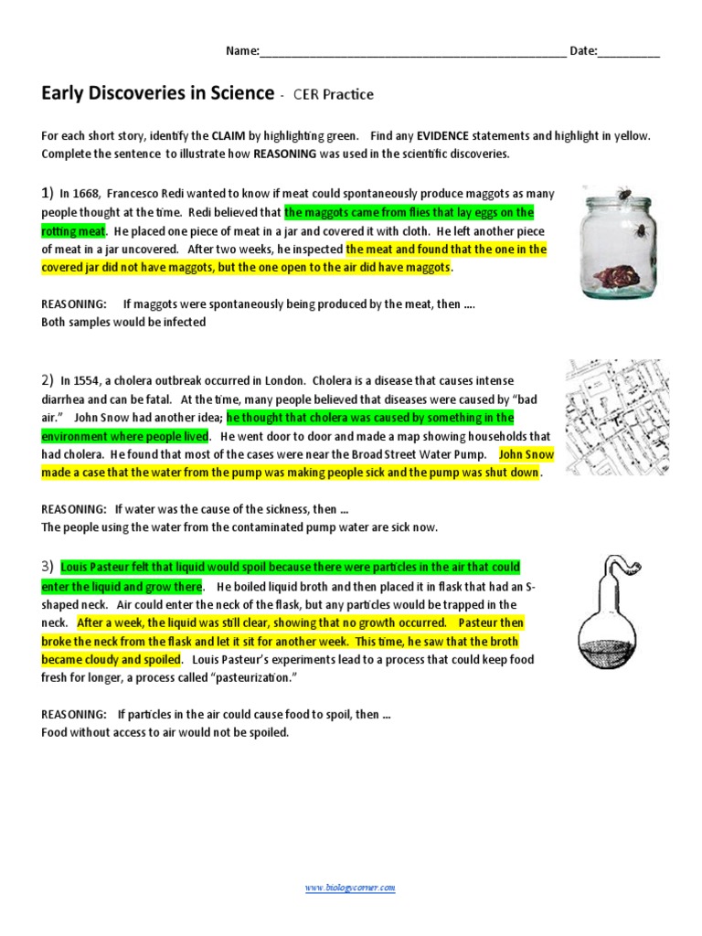 Early Discoveries in Science WORKSHEET-ClaimEvidenceReasoning | PDF ...