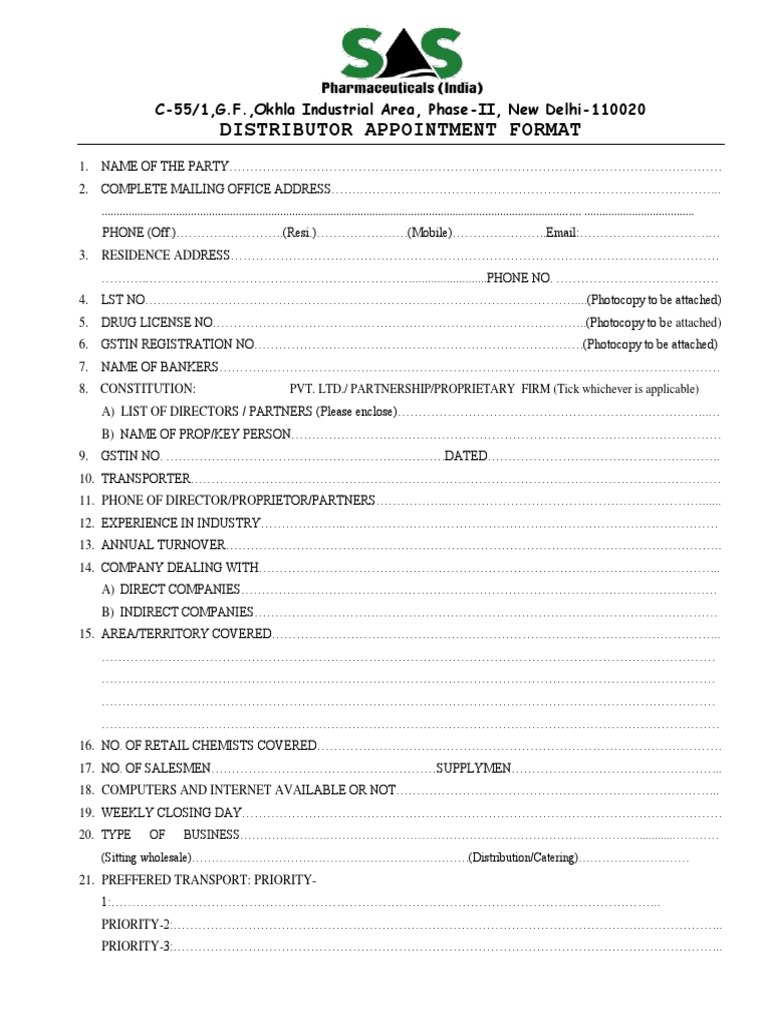 Distributor Appointment Form With Undertaking | PDF