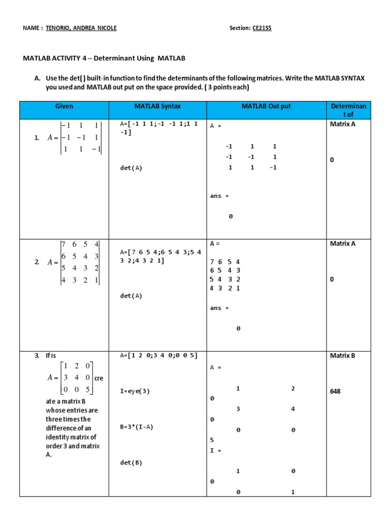 Ce21s5 - Tenorio - Matlab Activity - 4-2 | PDF | Determinant | Matrix (Mathematics)