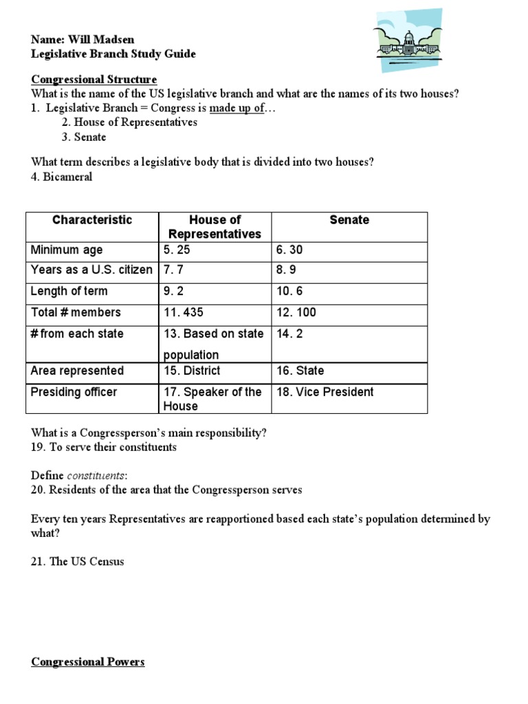 Study Guide Legislative Branch 2021 | PDF | American Government ...