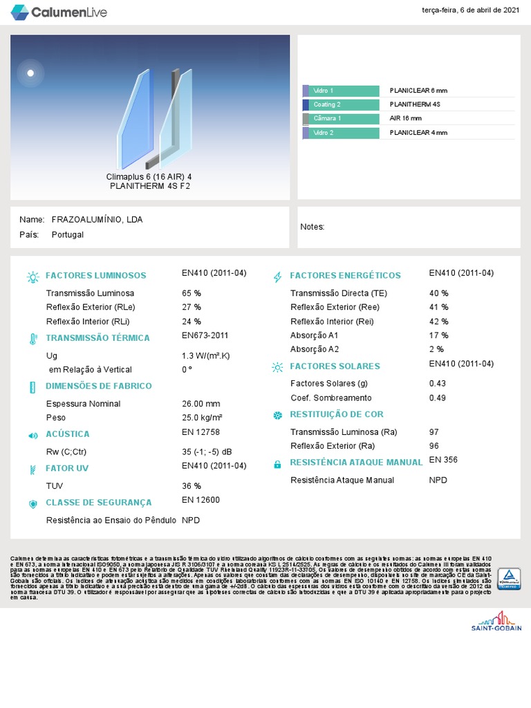 Ficha Técnica - Vidro - Duplo - PLANITHERM 4S 6 MM + CX. 16 MM ...