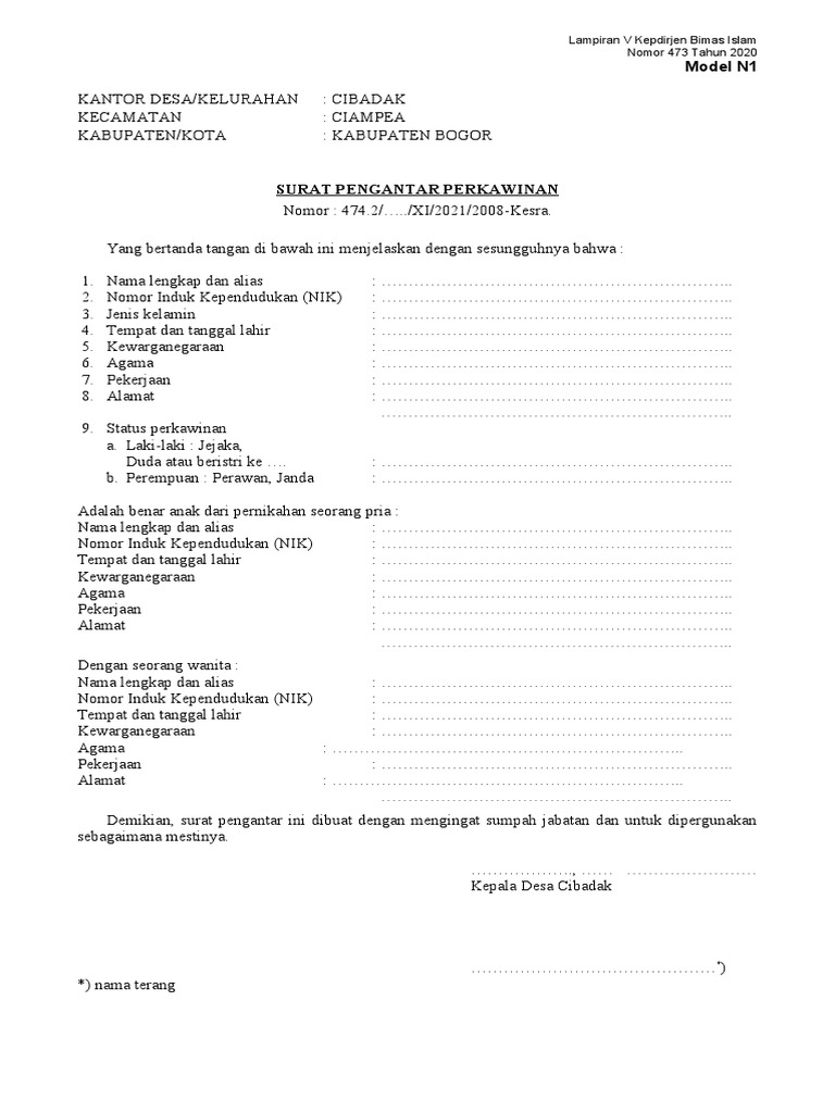 Formulir NA N1 - Pengantar Nikah-2020 | PDF