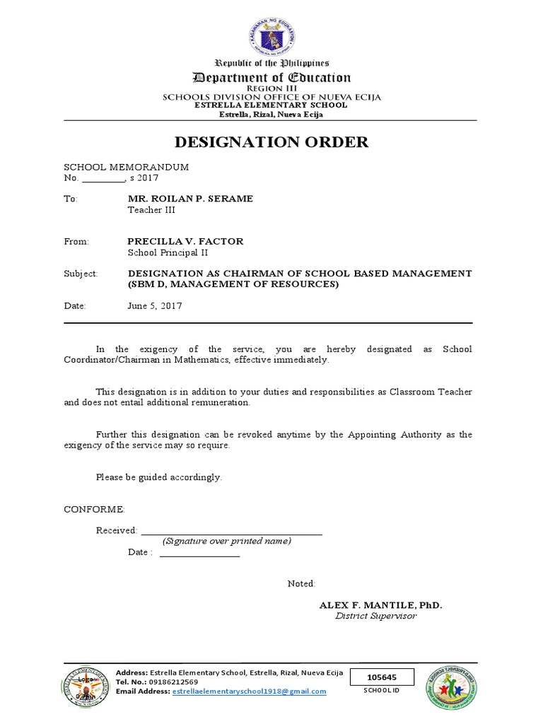 Designation Order and Certification SBM D | PDF
