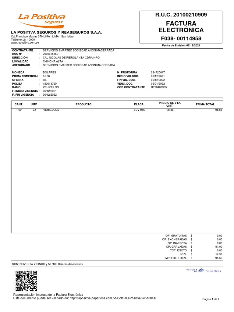 Factura Electrónica: La Positiva Seguros Y Reaseguros S.A.A | PDF