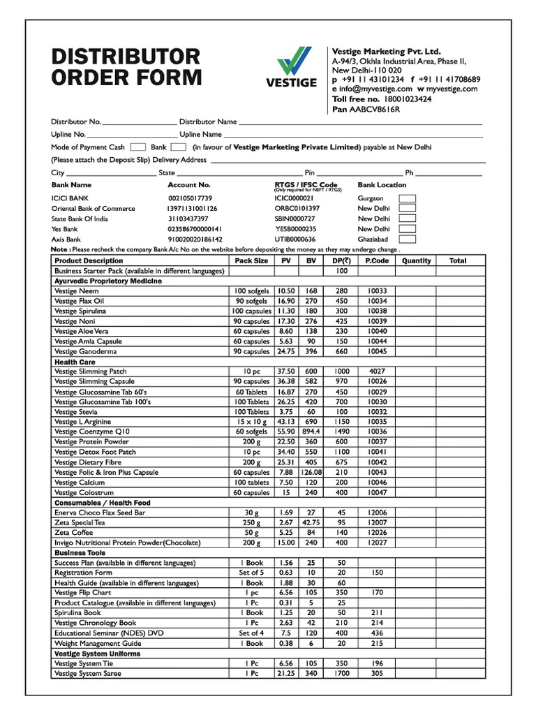 Vestige Order Form 1 | PDF