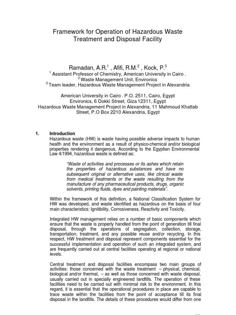 Framework for the Safe and Regulated Management of Hazardous Waste ...