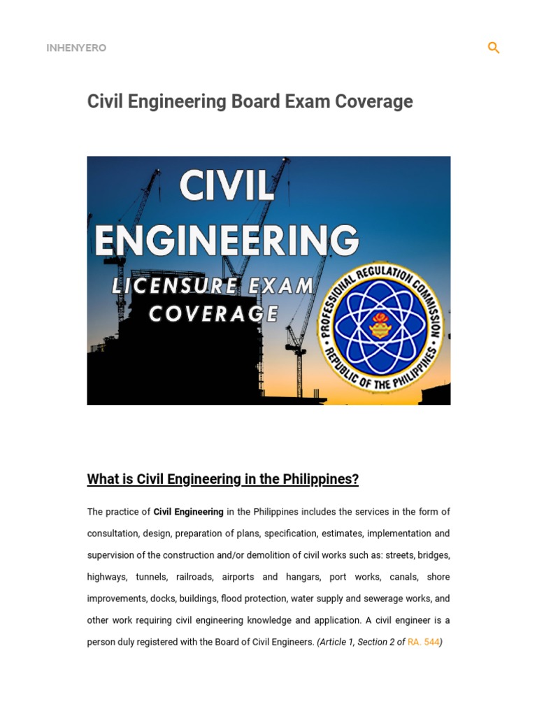Civil Engineering Board Exam Coverage | PDF | Equations | Surveying