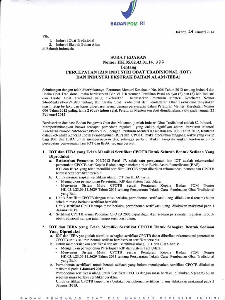 Surat Edaran Percepatan Izin IOT IEBA Hal1 | PDF