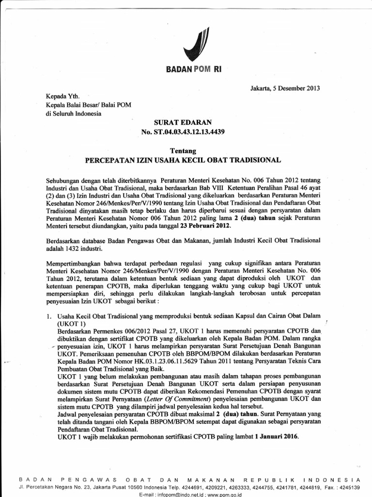 Surat Edaran Percepatan Izin UKOT Hal1 | PDF