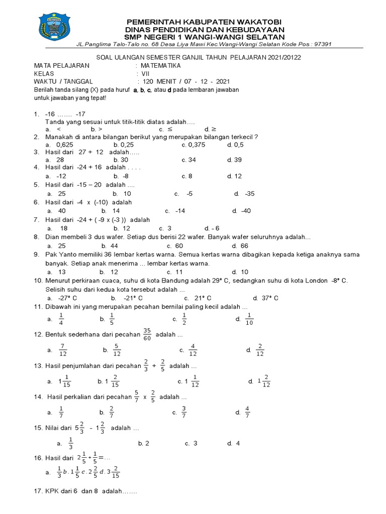 Soal Matematika 7 Ganjil 2021 | PDF | Metode & Bahan Ajar