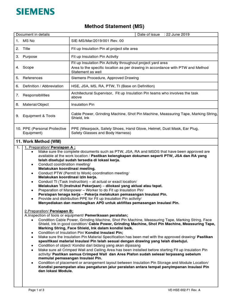 Method Statement - Insulation Pin Rev. 00 | PDF | Personal Protective Equipment | Insulator ...