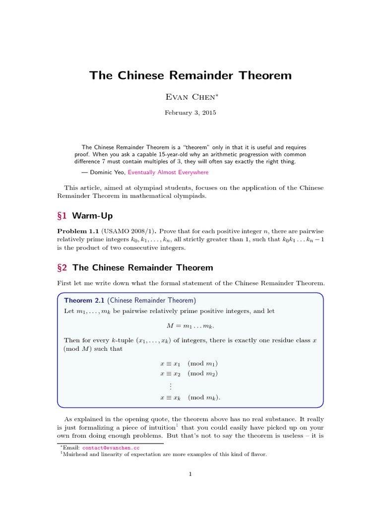 The Chinese Remainder Theorem: Evan Chen | PDF | Prime Number | Mathematics