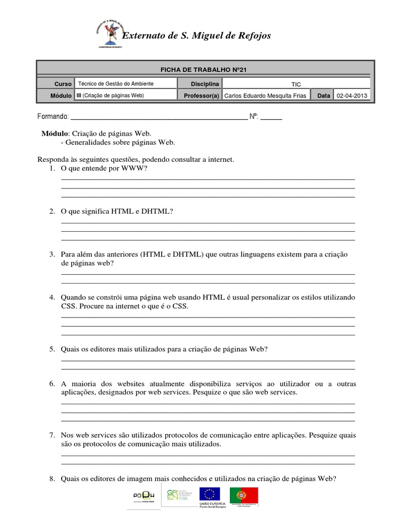 Ficha 21 | PDF | Rede mundial de computadores | Internet e Web