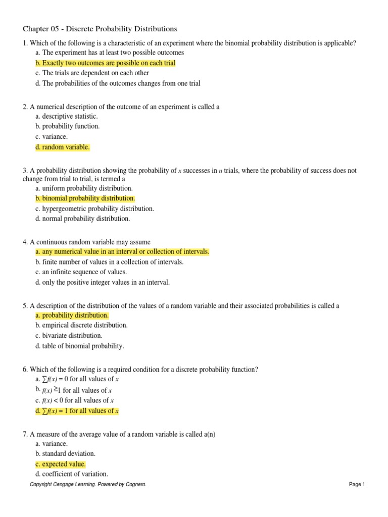 Chapter 05 - Discrete Probability Distributions: F (X) 1 For All Values ...
