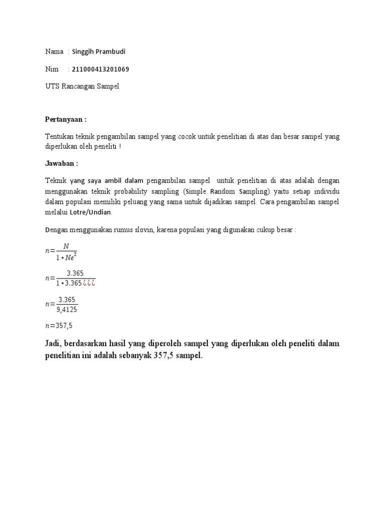 UTS Rancangan Sampel (Singgih Prambudi) | PDF