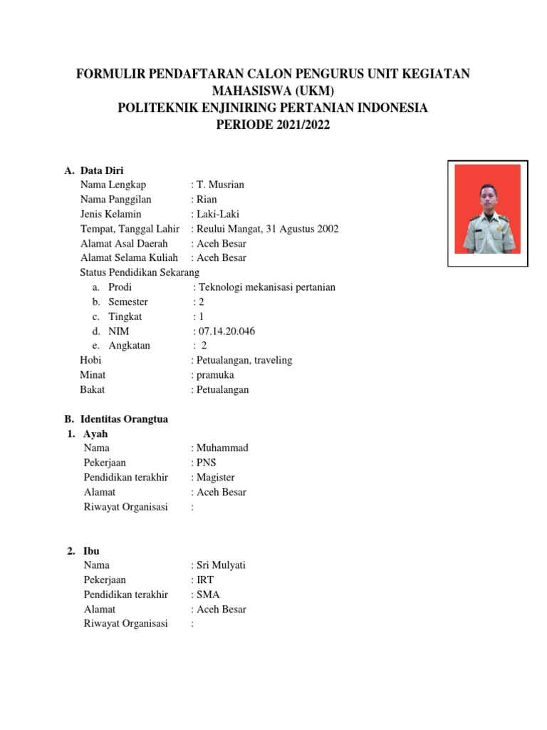 CV (Pengurus Ukm (Pramuka) Pepi) - (T.musrian) - (TMP) - (TK1) | PDF