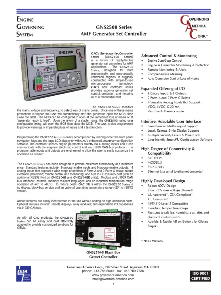 Gns2500 Series Amf Generator Set Controller: Ngine Overning Ystem | PDF ...